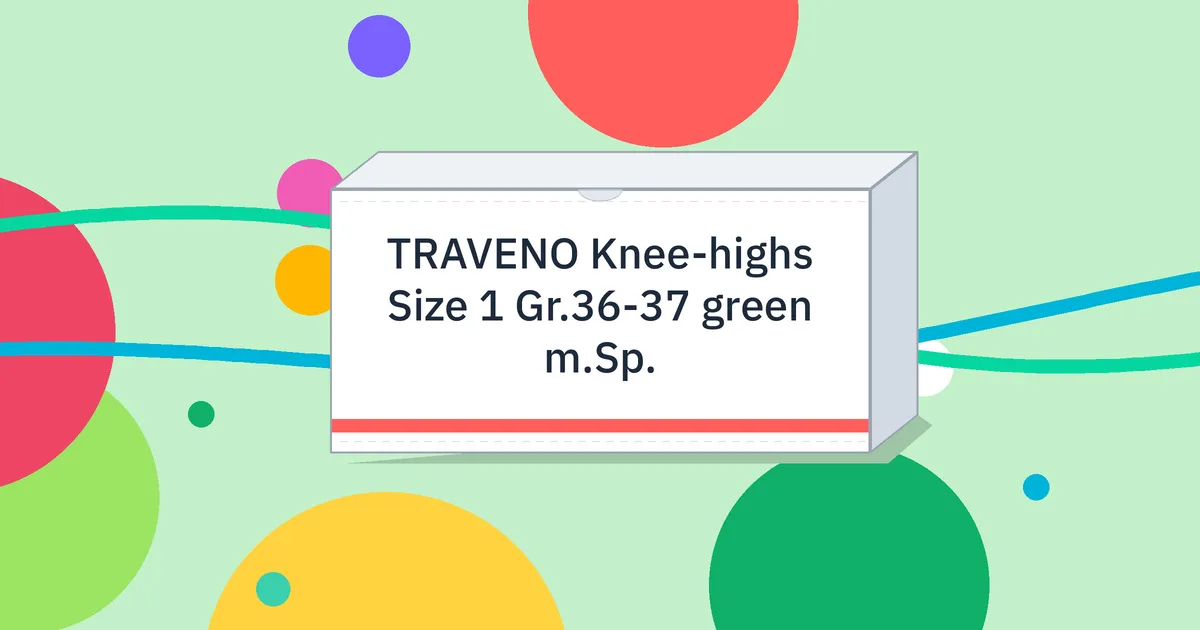 Symbolbild: Packung mit der Aufschrift TRAVENO Knee-highs Size 1 Gr.36-37 green m.Sp. (PZN 20651828) – Verfügbarkeit und Bezug in Apotheken in Frankfurt am Main