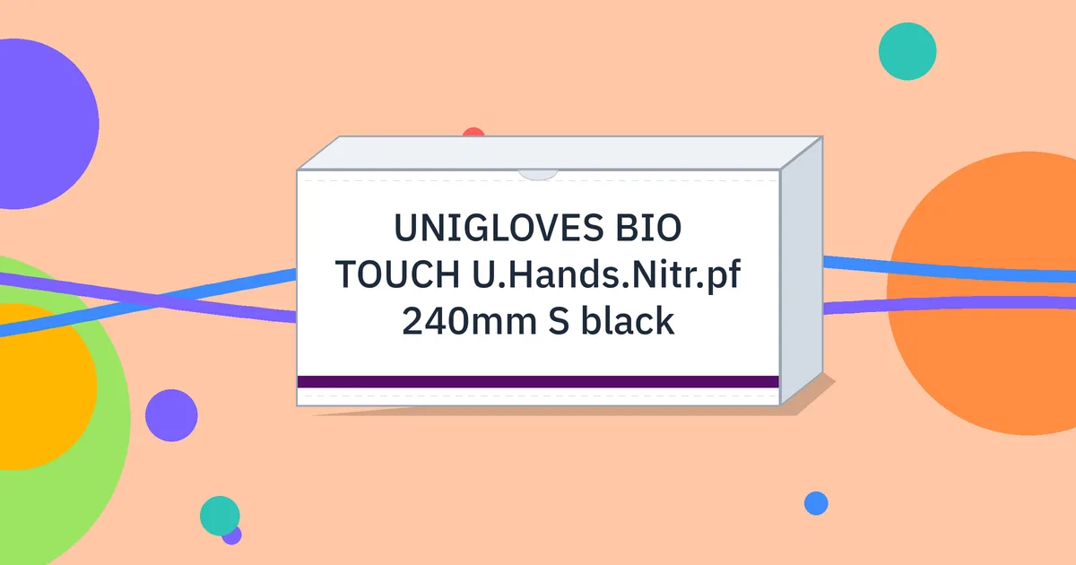 Symbolbild: Packung mit der Aufschrift UNIGLOVES BIO TOUCH U.Hands.Nitr.pf 240mm S black (PZN 19638538) – Verfügbarkeit und Bezug in Apotheken in Frankfurt am Main