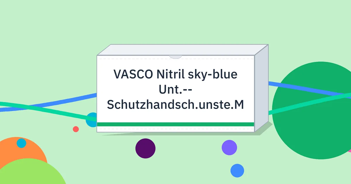 Symbolbild: Packung mit der Aufschrift VASCO Nitril sky-blue Unt.--Schutzhandsch.unste.M (PZN 17390790) – Verfügbarkeit und Bezug in Apotheken in Frankfurt am Main