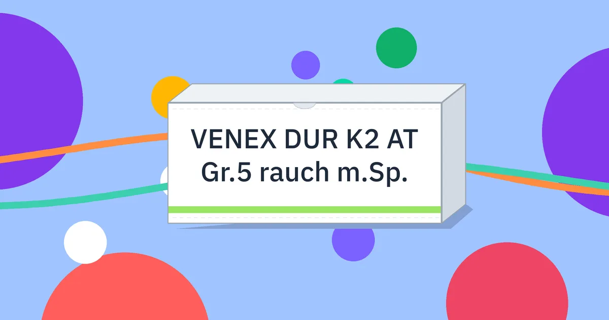 Symbolbild: Packung mit der Aufschrift VENEX DUR K2 AT Gr.5 rauch m.Sp. (PZN 03221693) – Verfügbarkeit und Bezug in Apotheken in Frankfurt am Main