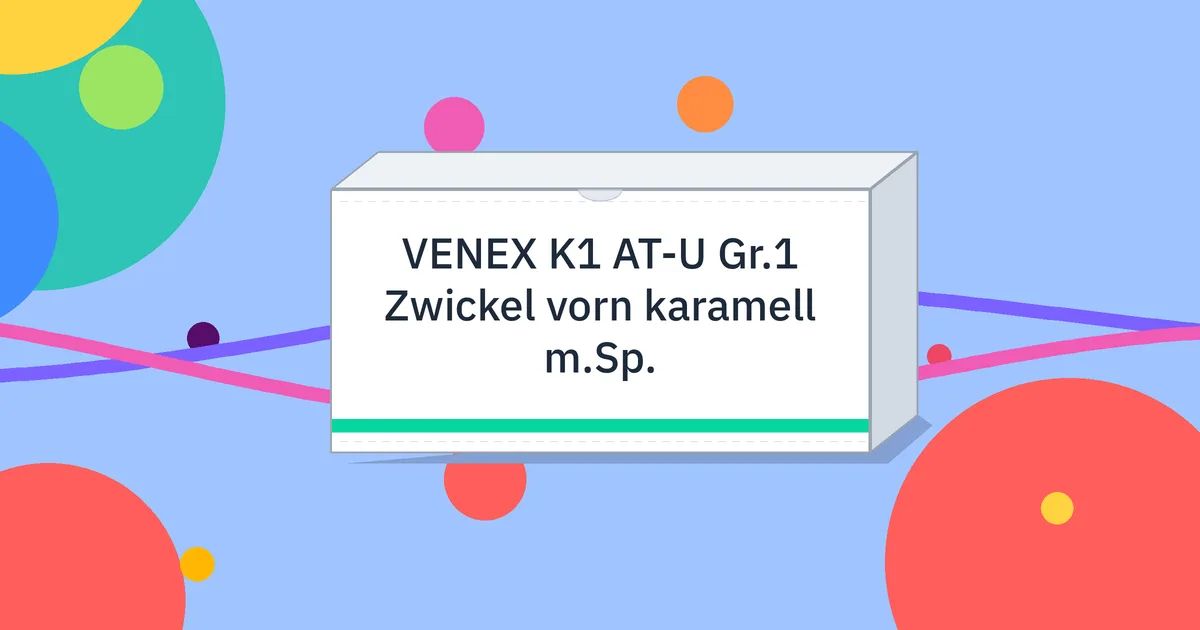 Symbolbild: Packung mit der Aufschrift VENEX K1 AT-U Gr.1 Zwickel vorn karamell m.Sp. (PZN 13759301) – Verfügbarkeit und Bezug in Apotheken in Frankfurt am Main