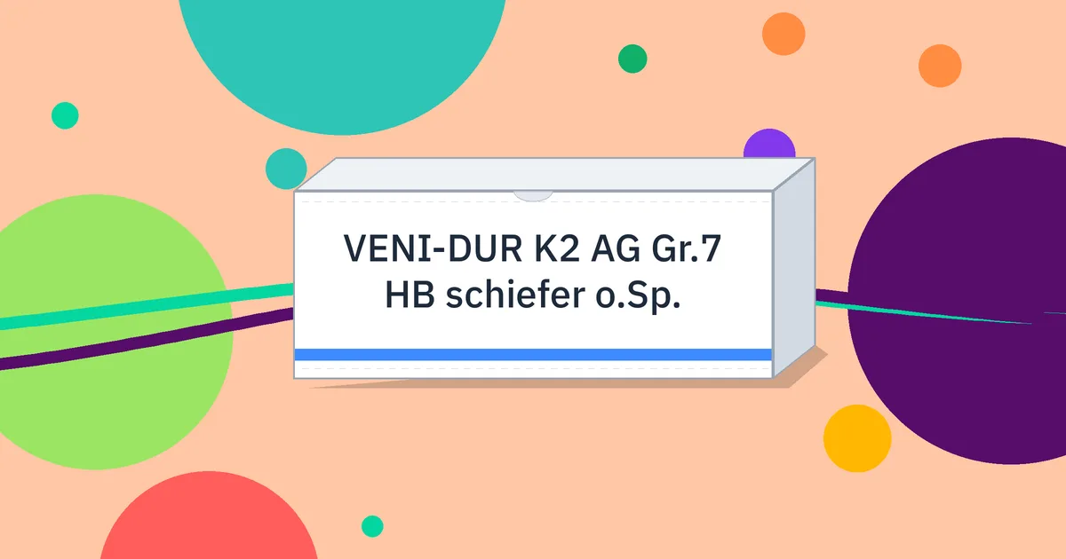 Symbolbild: Packung mit der Aufschrift VENI-DUR K2 AG Gr.7 HB schiefer o.Sp. (PZN 03245104) – Verfügbarkeit und Bezug in Apotheken in Frankfurt am Main