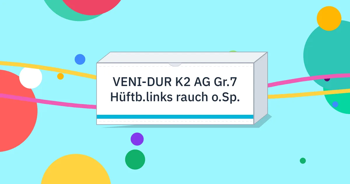Symbolbild: Packung mit der Aufschrift VENI-DUR K2 AG Gr.7 Hüftb.links rauch o.Sp. (PZN 03253233) – Verfügbarkeit und Bezug in Apotheken in Frankfurt am Main