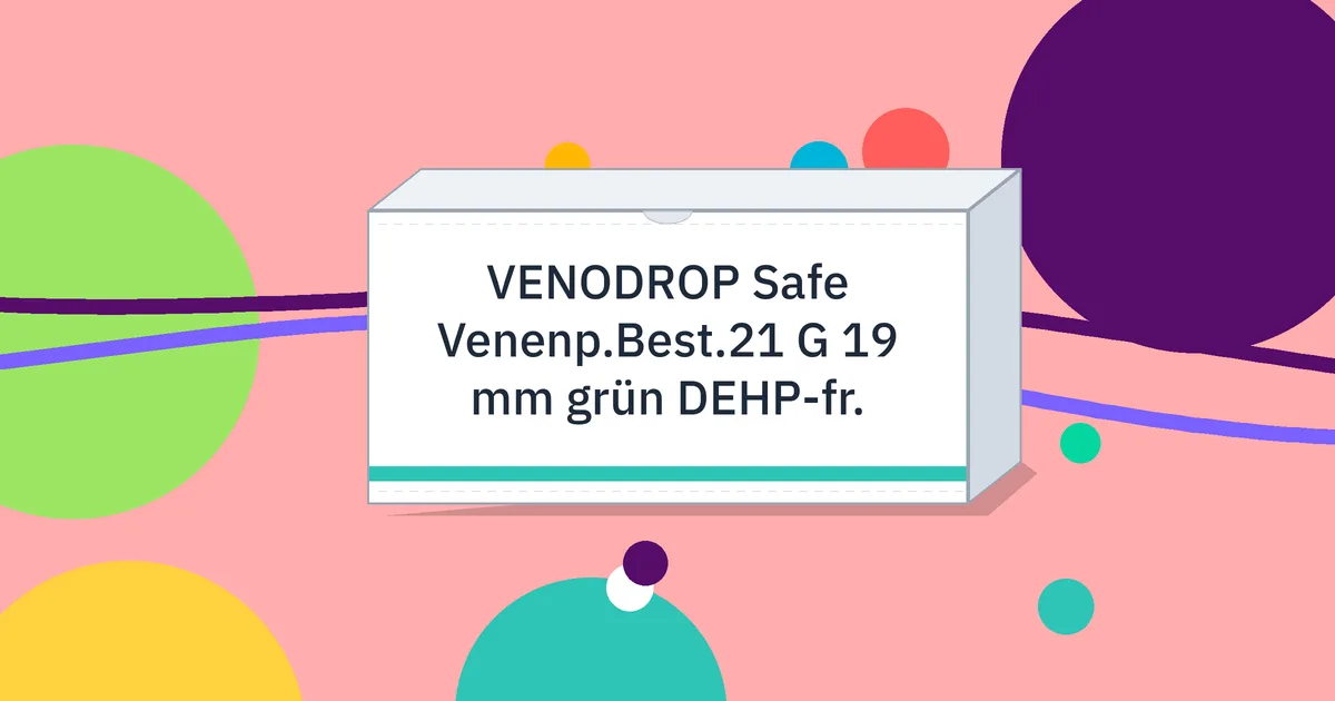Symbolbild: Packung mit der Aufschrift VENODROP Safe Venenp.Best.21 G 19 mm grün DEHP-fr. (PZN 15405139) – Verfügbarkeit und Bezug in Apotheken in Frankfurt am Main