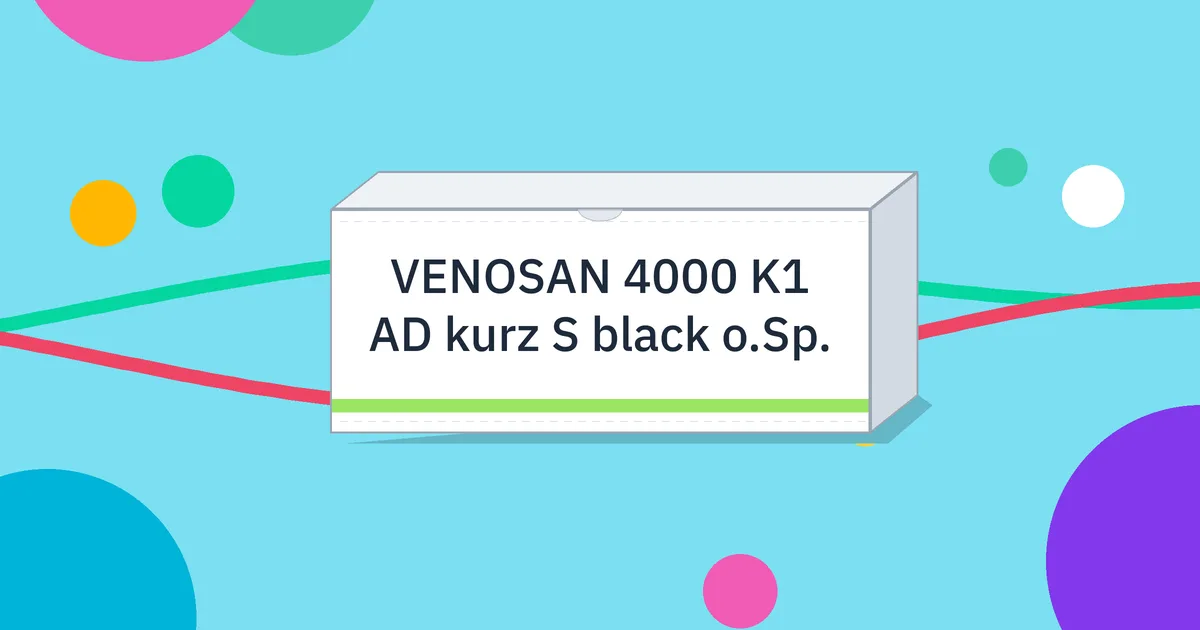 Symbolbild: Packung mit der Aufschrift VENOSAN 4000 K1 AD kurz S black o.Sp. (PZN 14426381) – Verfügbarkeit und Bezug in Apotheken in Frankfurt am Main
