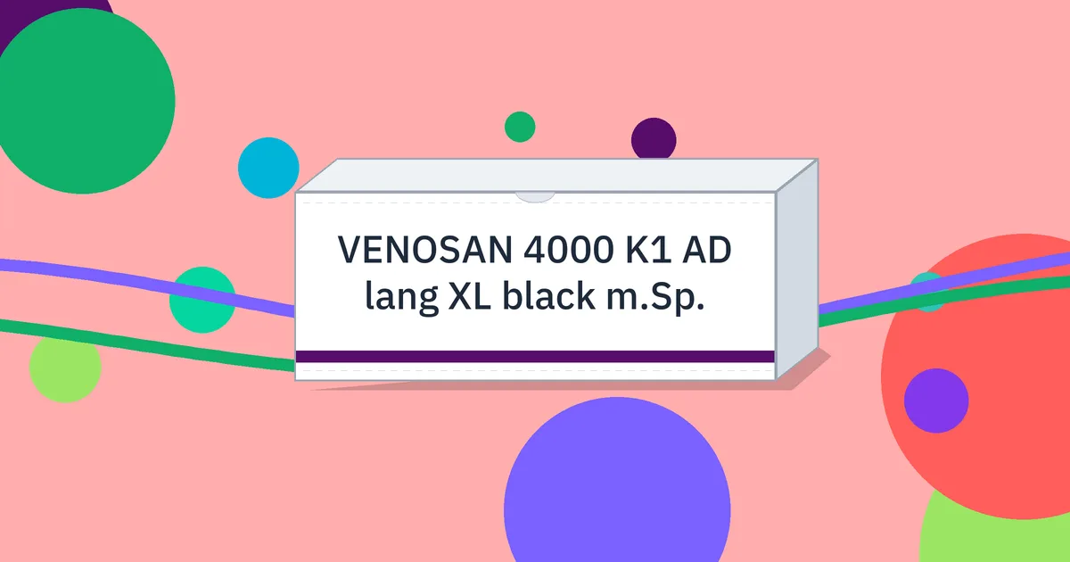 Symbolbild: Packung mit der Aufschrift VENOSAN 4000 K1 AD lang XL black m.Sp. (PZN 14426375) – Verfügbarkeit und Bezug in Apotheken in Frankfurt am Main