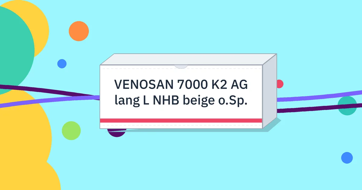 Symbolbild: Packung mit der Aufschrift VENOSAN 7000 K2 AG lang L NHB beige o.Sp. (PZN 14434759) – Verfügbarkeit und Bezug in Apotheken in Frankfurt am Main
