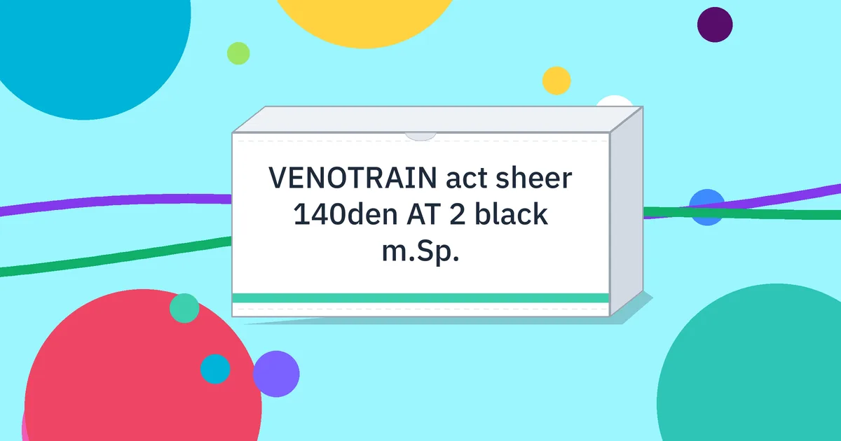Symbolbild: Packung mit der Aufschrift VENOTRAIN act sheer 140den AT 2 black m.Sp. (PZN 16207281) – Verfügbarkeit und Bezug in Apotheken in Frankfurt am Main