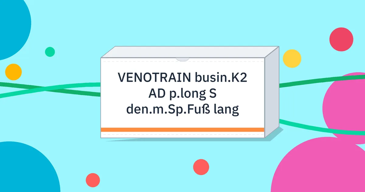 Symbolbild: Packung mit der Aufschrift VENOTRAIN busin.K2 AD p.long S den.m.Sp.Fuß lang (PZN 19057072) – Verfügbarkeit und Bezug in Apotheken in Frankfurt am Main