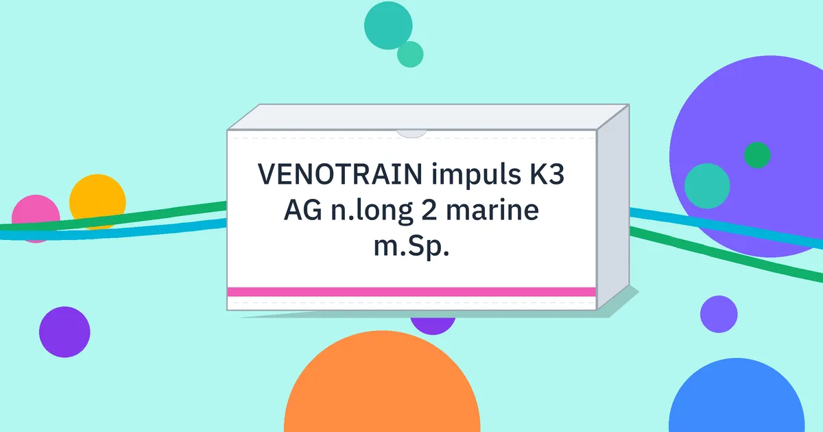 Symbolbild: Packung mit der Aufschrift VENOTRAIN impuls K3 AG n.long 2 marine m.Sp. (PZN 15212914) – Verfügbarkeit und Bezug in Apotheken in Frankfurt am Main