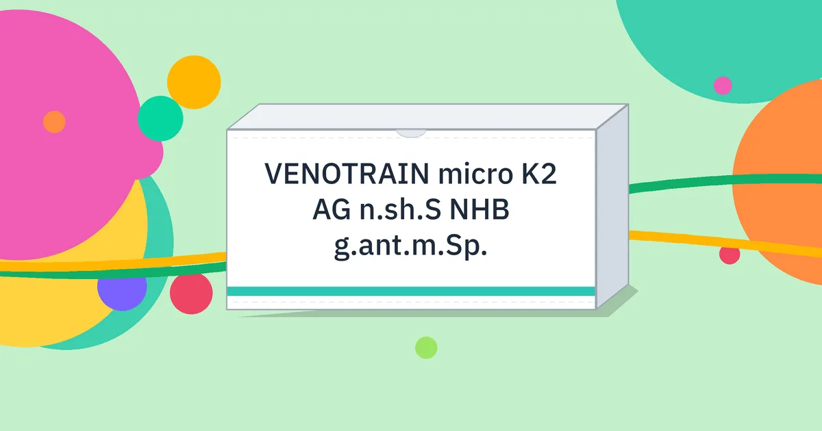 Symbolbild: Packung mit der Aufschrift VENOTRAIN micro K2 AG n.sh.S NHB g.ant.m.Sp. (PZN 11062412) – Verfügbarkeit und Bezug in Apotheken in Frankfurt am Main