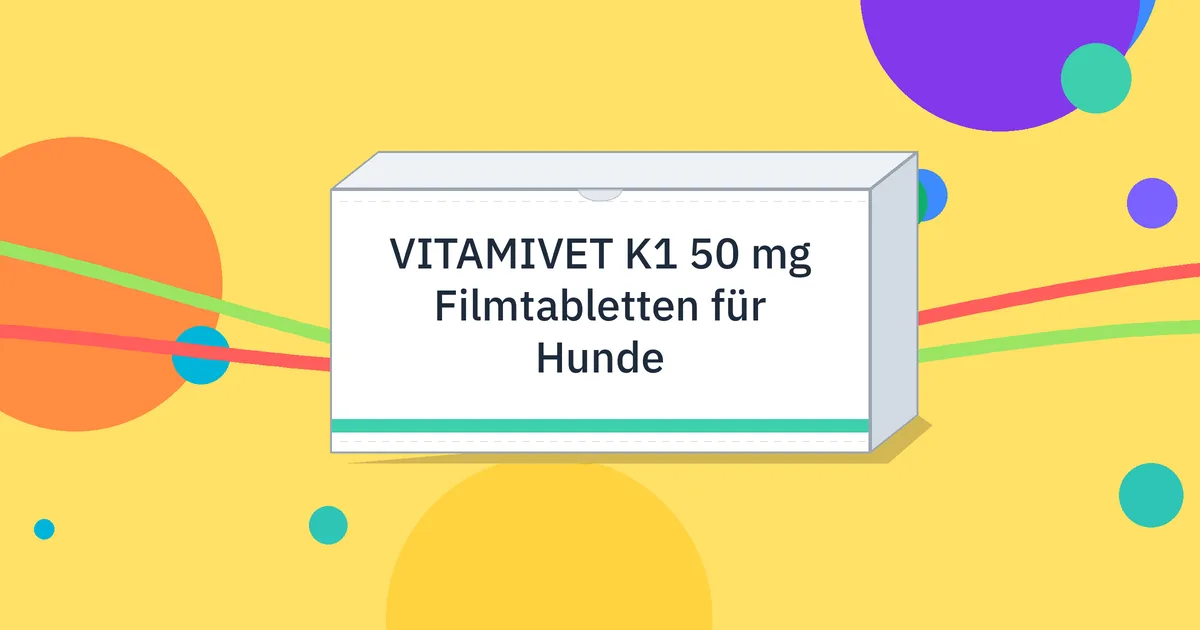 Symbolbild: Packung mit der Aufschrift VITAMIVET K1 50 mg Filmtabletten für Hunde (PZN 19174777) – Verfügbarkeit und Bezug in Apotheken in Frankfurt am Main