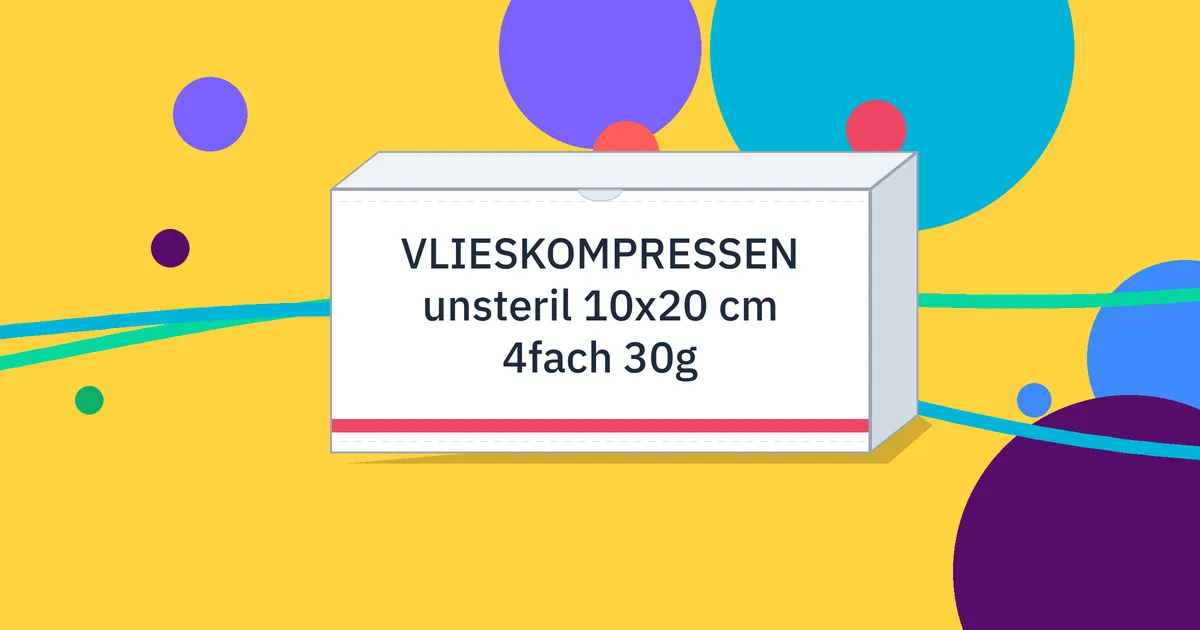 Symbolbild: Packung mit der Aufschrift VLIESKOMPRESSEN unsteril 10x20 cm 4fach 30g (PZN 01445773) – Verfügbarkeit und Bezug in Apotheken in Frankfurt am Main