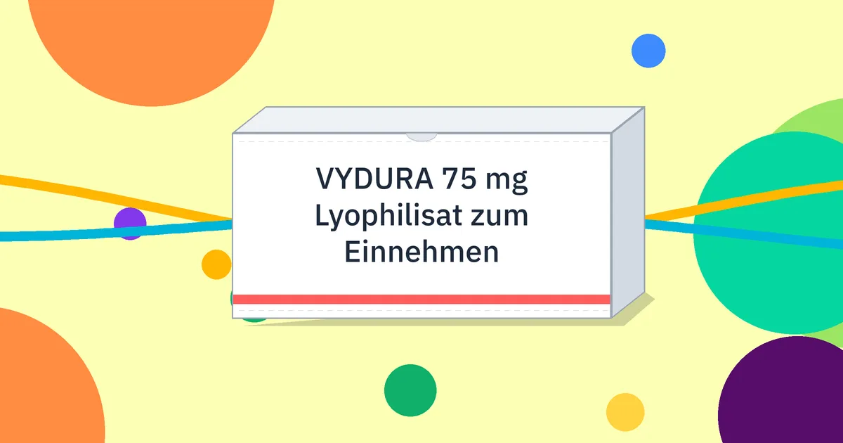 Symbolbild: Packung mit der Aufschrift VYDURA 75 mg Lyophilisat zum Einnehmen (PZN 20292602) – Verfügbarkeit und Bezug in Apotheken in Frankfurt am Main