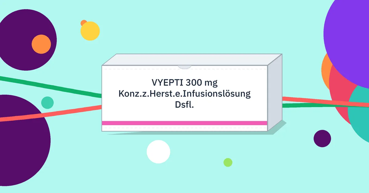 Symbolbild: Packung mit der Aufschrift VYEPTI 300 mg Konz.z.Herst.e.Infusionslösung Dsfl. (PZN 19076543) – Verfügbarkeit und Bezug in Apotheken in Frankfurt am Main