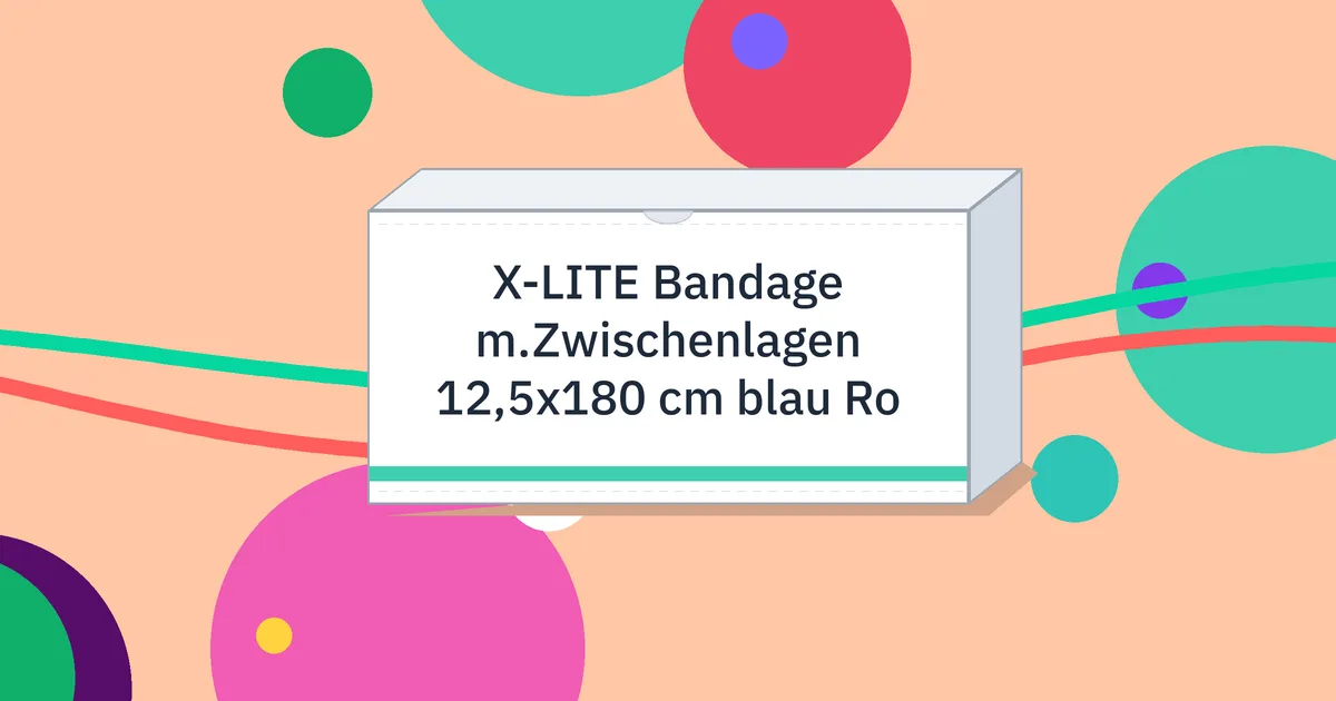 Symbolbild: Packung mit der Aufschrift X-LITE Bandage m.Zwischenlagen 12,5x180 cm blau Ro (PZN 02467156) – Verfügbarkeit und Bezug in Apotheken in Frankfurt am Main