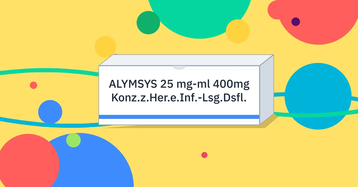 Symbolbild: Packung mit der Aufschrift ALYMSYS 25 mg-ml 400mg Konz.z.Her.e.Inf.-Lsg.Dsfl. (PZN 16740845) – Verfügbarkeit und Bezug in Apotheken in Frankfurt am Main