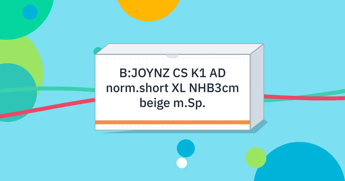 Symbolbild: Packung mit der Aufschrift B:JOYNZ CS K1 AD norm.short XL NHB3cm beige m.Sp. (PZN 20526299) – Verfügbarkeit und Bezug in Apotheken in Frankfurt am Main