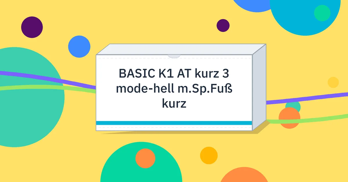 Symbolbild: Packung mit der Aufschrift BASIC K1 AT kurz 3 mode-hell m.Sp.Fuß kurz (PZN 20262630) – Verfügbarkeit und Bezug in Apotheken in Frankfurt am Main