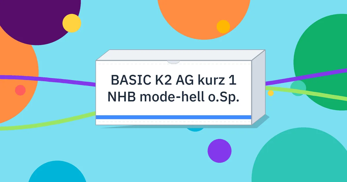 Symbolbild: Packung mit der Aufschrift BASIC K2 AG kurz 1 NHB mode-hell o.Sp. (PZN 20266208) – Verfügbarkeit und Bezug in Apotheken in Frankfurt am Main