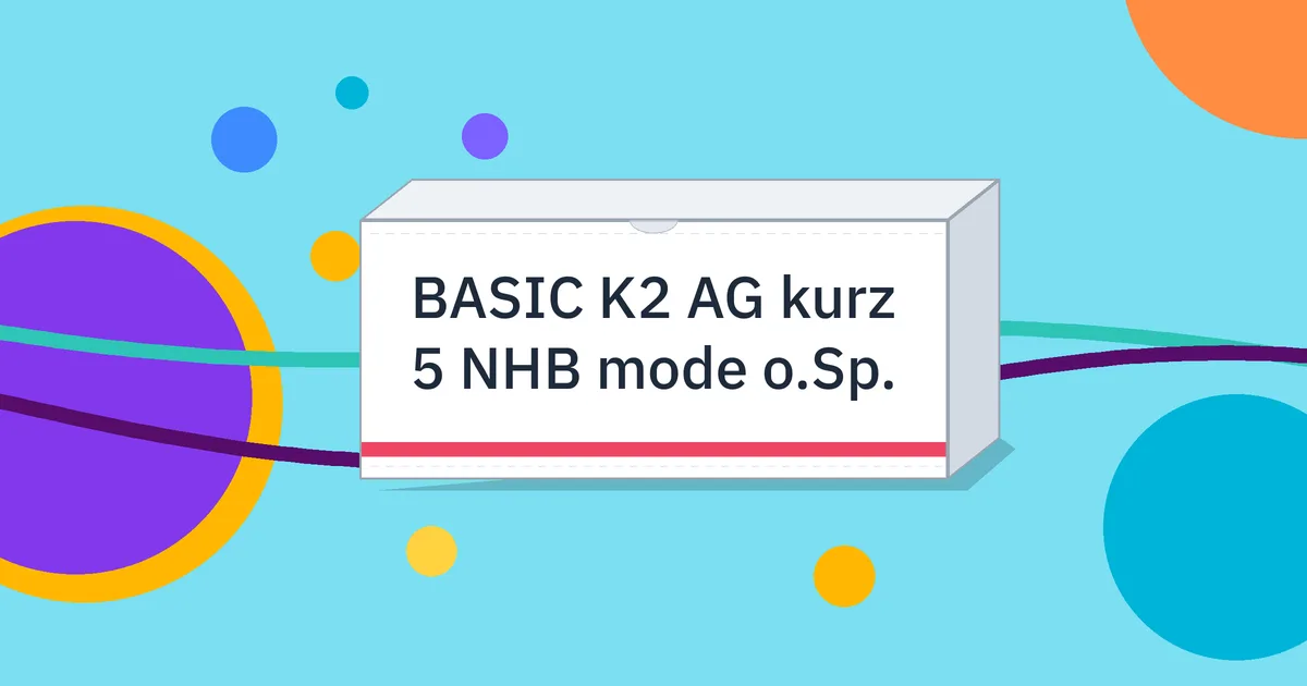 Symbolbild: Packung mit der Aufschrift BASIC K2 AG kurz 5 NHB mode o.Sp. (PZN 20268118) – Verfügbarkeit und Bezug in Apotheken in Frankfurt am Main