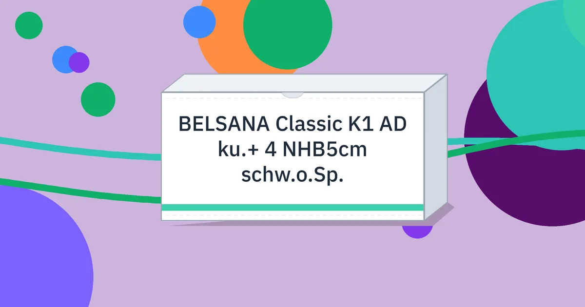 Symbolbild: Packung mit der Aufschrift BELSANA Classic K1 AD ku.+ 4 NHB5cm schw.o.Sp. (PZN 19255926) – Verfügbarkeit und Bezug in Apotheken in Frankfurt am Main