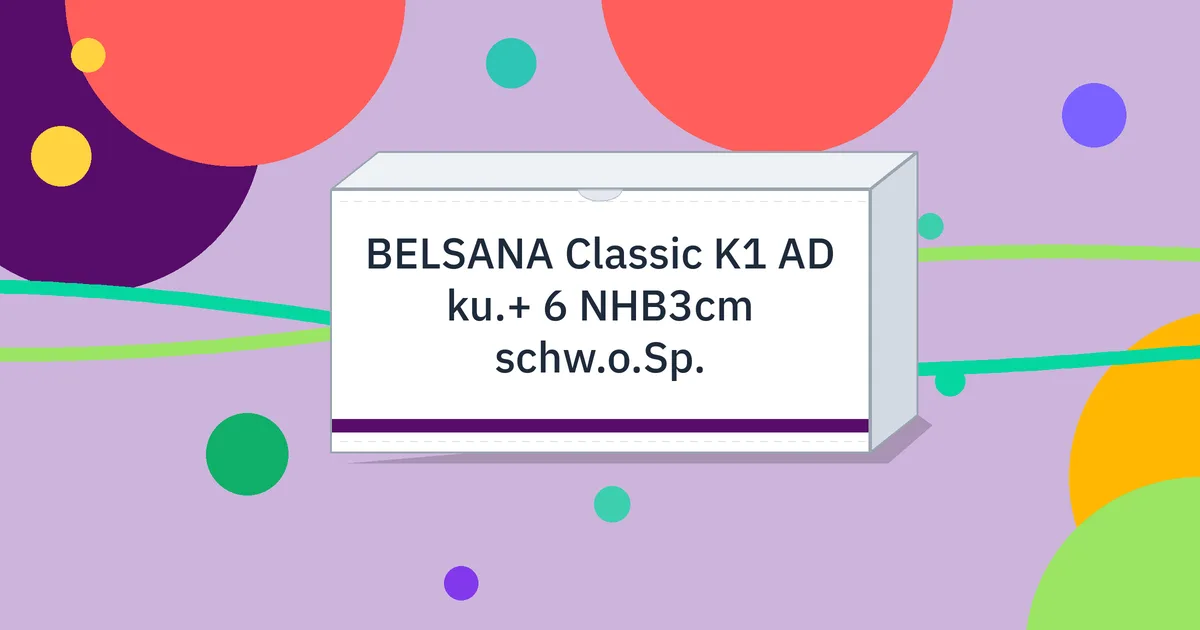 Symbolbild: Packung mit der Aufschrift BELSANA Classic K1 AD ku.+ 6 NHB3cm schw.o.Sp. (PZN 19257061) – Verfügbarkeit und Bezug in Apotheken in Frankfurt am Main