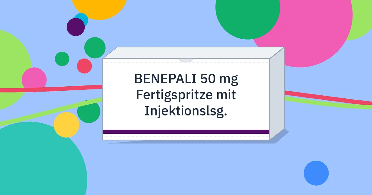 Symbolbild: Packung mit der Aufschrift BENEPALI 50 mg Fertigspritze mit Injektionslsg. (PZN 12350604) – Verfügbarkeit und Bezug in Apotheken in Frankfurt am Main