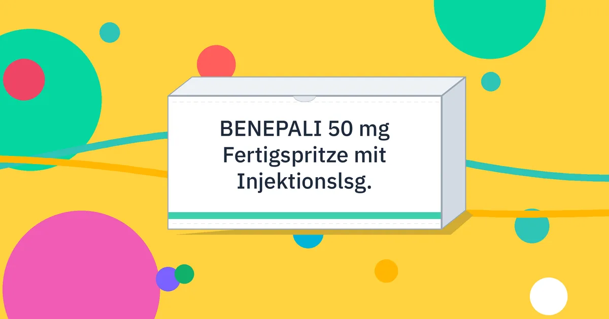 Symbolbild: Packung mit der Aufschrift BENEPALI 50 mg Fertigspritze mit Injektionslsg. (PZN 12507572) – Verfügbarkeit und Bezug in Apotheken in Frankfurt am Main