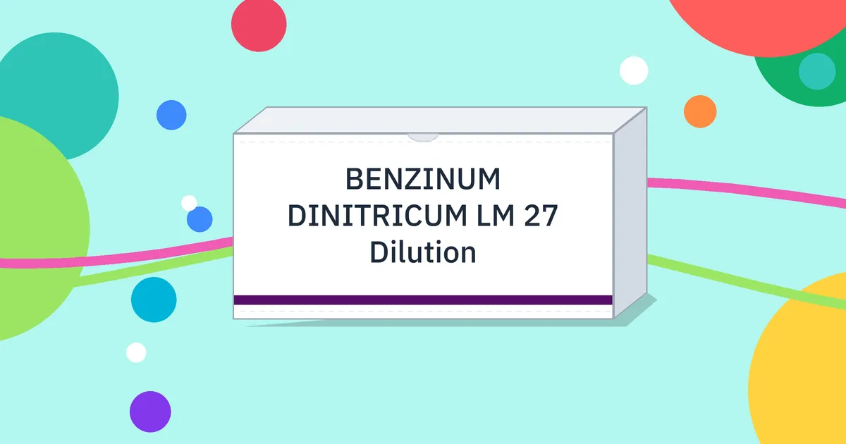 Symbolbild: Packung mit der Aufschrift BENZINUM DINITRICUM LM 27 Dilution (PZN 13382569) – Verfügbarkeit und Bezug in Apotheken in Frankfurt am Main