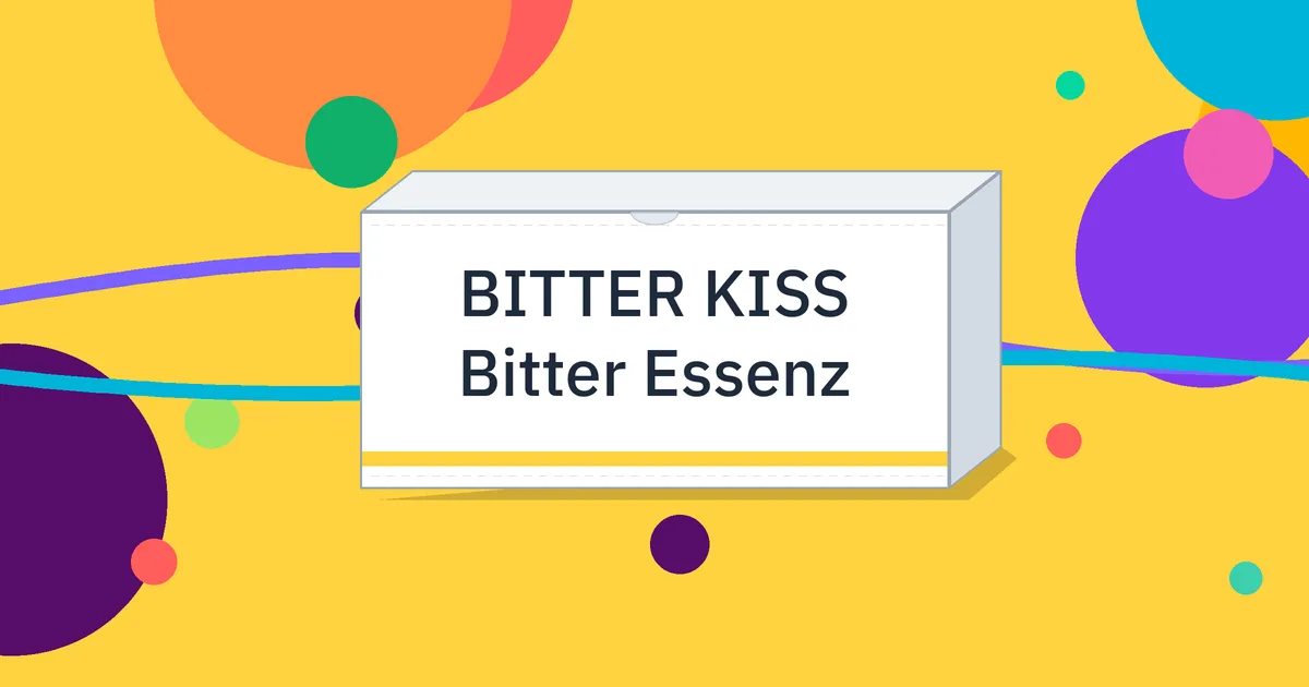 Symbolbild: Packung mit der Aufschrift BITTER KISS Bitter Essenz (PZN 20833340) – Verfügbarkeit und Bezug in Apotheken in Frankfurt am Main