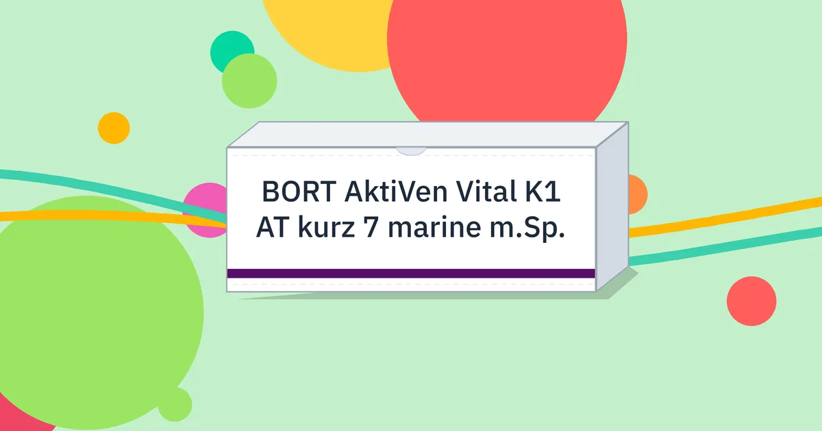 Symbolbild: Packung mit der Aufschrift BORT AktiVen Vital K1 AT kurz 7 marine m.Sp. (PZN 13741293) – Verfügbarkeit und Bezug in Apotheken in Frankfurt am Main