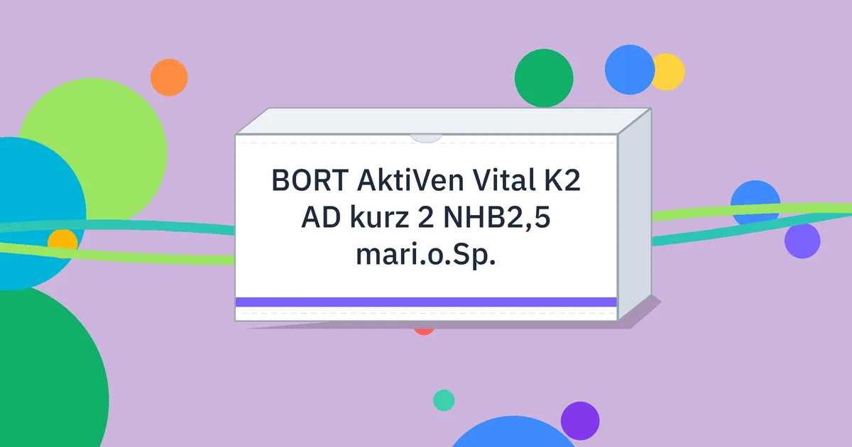 Symbolbild: Packung mit der Aufschrift BORT AktiVen Vital K2 AD kurz 2 NHB2,5 mari.o.Sp. (PZN 17499311) – Verfügbarkeit und Bezug in Apotheken in Frankfurt am Main