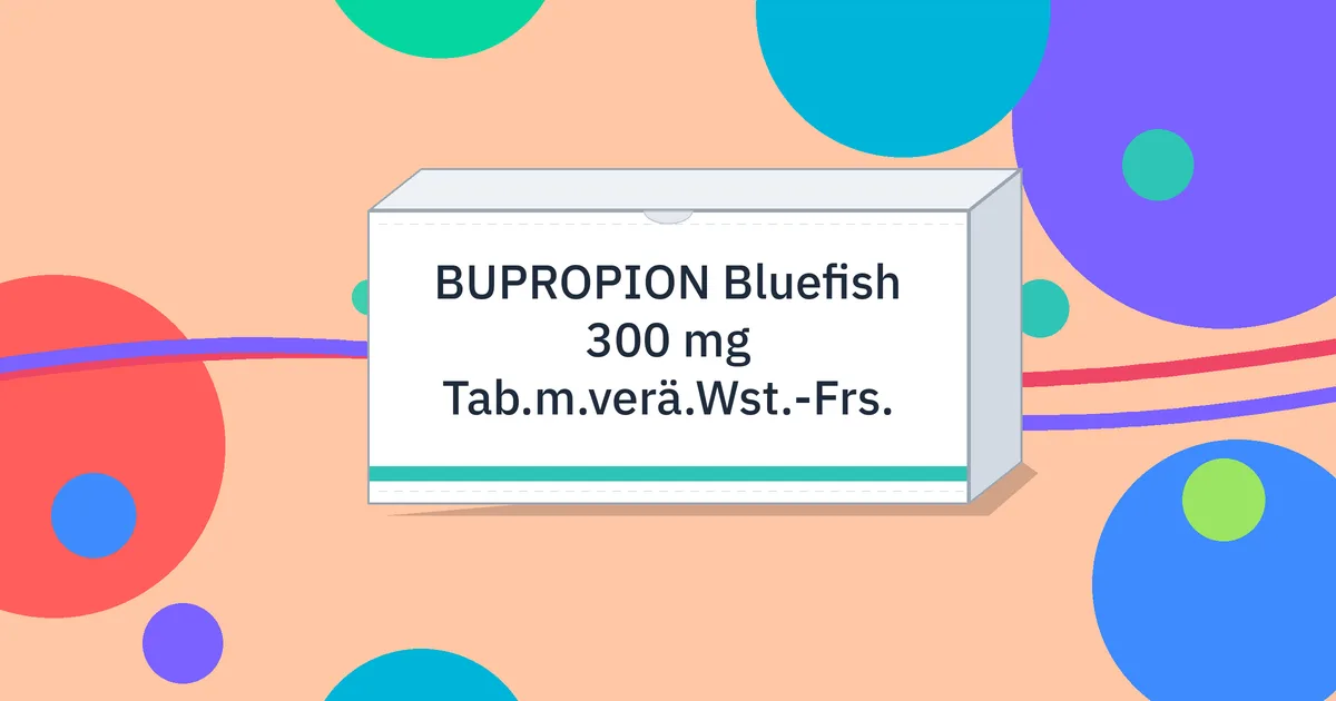 Symbolbild: Packung mit der Aufschrift BUPROPION Bluefish 300 mg Tab.m.verä.Wst.-Frs. (PZN 15293717) – Verfügbarkeit und Bezug in Apotheken in Frankfurt am Main
