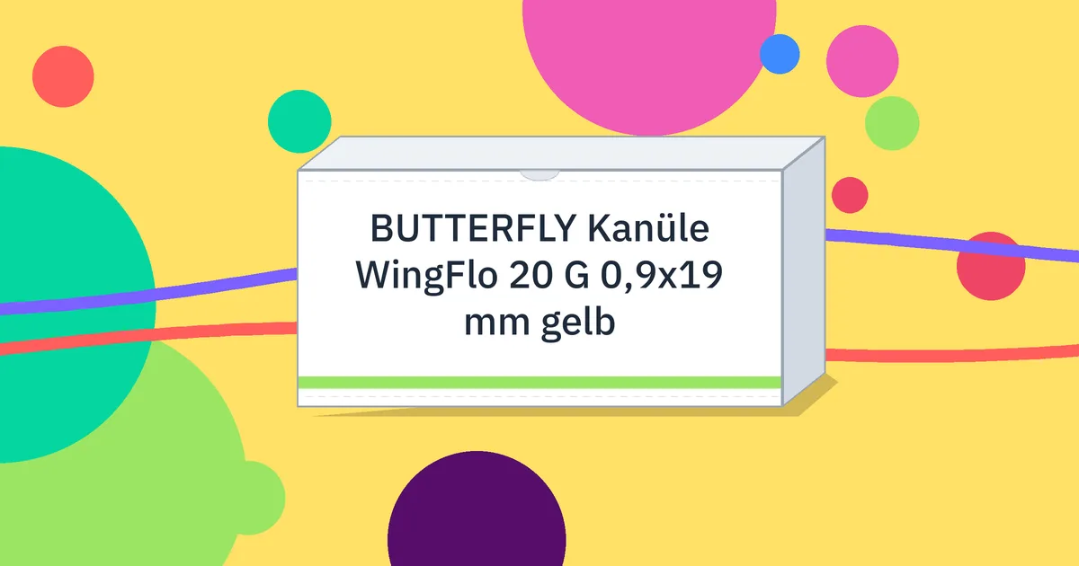 Symbolbild: Packung mit der Aufschrift BUTTERFLY Kanüle WingFlo 20 G 0,9x19 mm gelb (PZN 18054930) – Verfügbarkeit und Bezug in Apotheken in Frankfurt am Main
