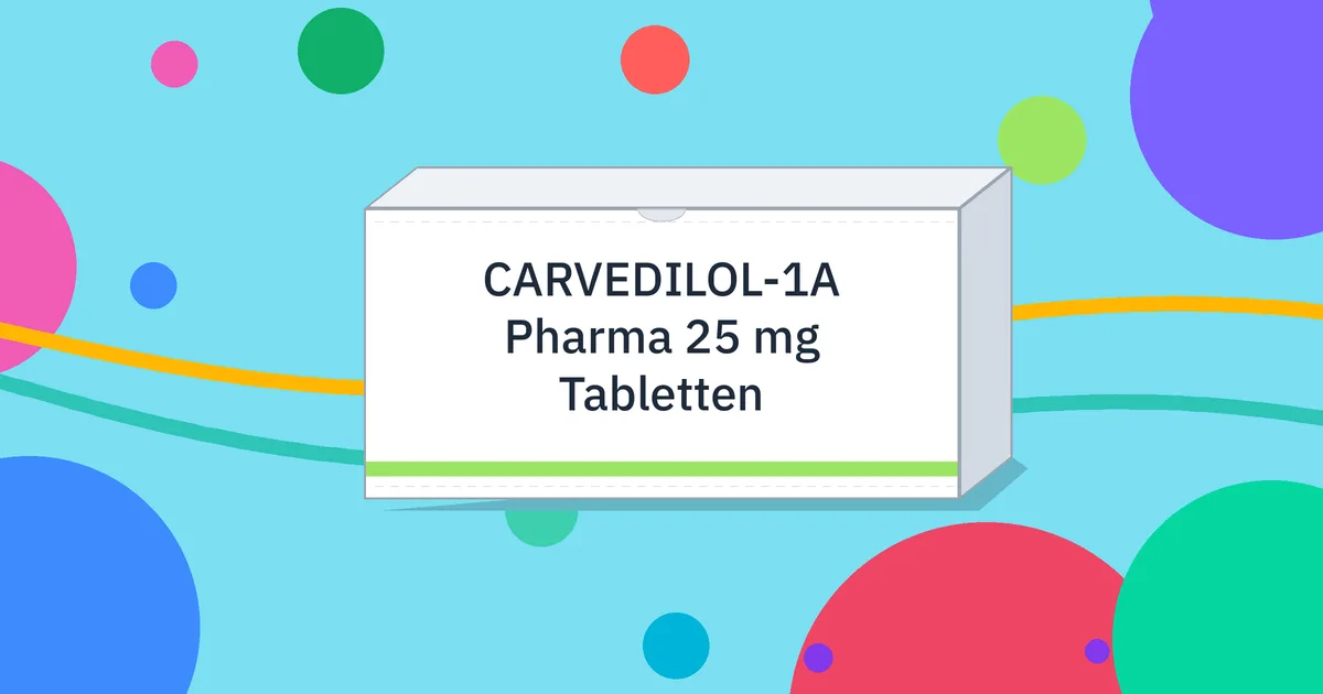 Symbolbild: Packung mit der Aufschrift CARVEDILOL-1A Pharma 25 mg Tabletten (PZN 00819131) – Verfügbarkeit und Bezug in Apotheken in Frankfurt am Main
