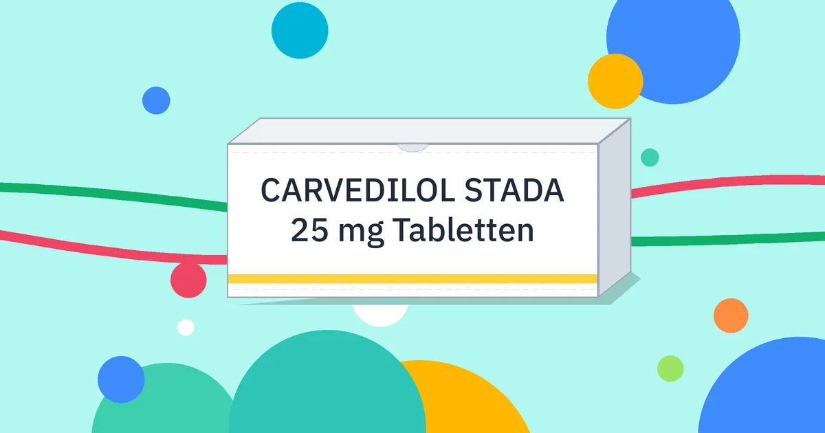 Symbolbild: Packung mit der Aufschrift CARVEDILOL STADA 25 mg Tabletten (PZN 02373604) – Verfügbarkeit und Bezug in Apotheken in Frankfurt am Main