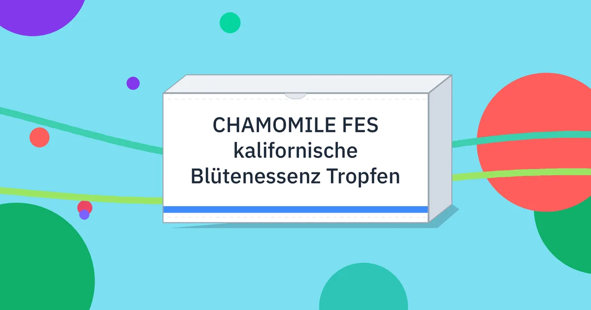 Symbolbild: Packung mit der Aufschrift CHAMOMILE FES kalifornische Blütenessenz Tropfen (PZN 09172116) – Verfügbarkeit und Bezug in Apotheken in Frankfurt am Main
