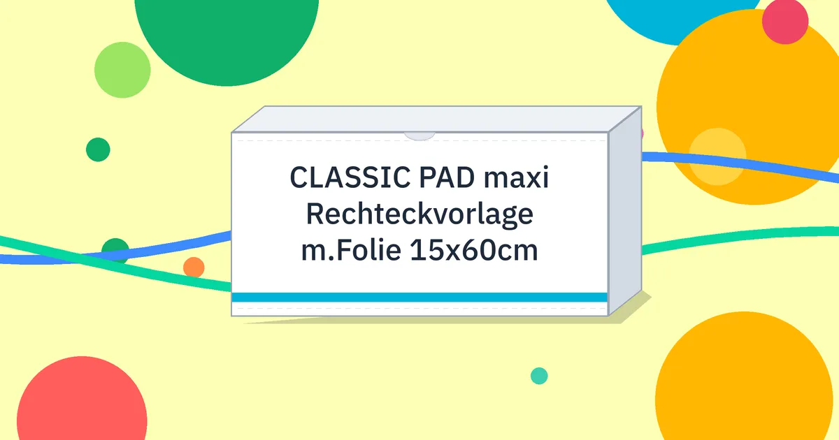 Symbolbild: Packung mit der Aufschrift CLASSIC PAD maxi Rechteckvorlage m.Folie 15x60cm (PZN 10329994) – Verfügbarkeit und Bezug in Apotheken in Frankfurt am Main