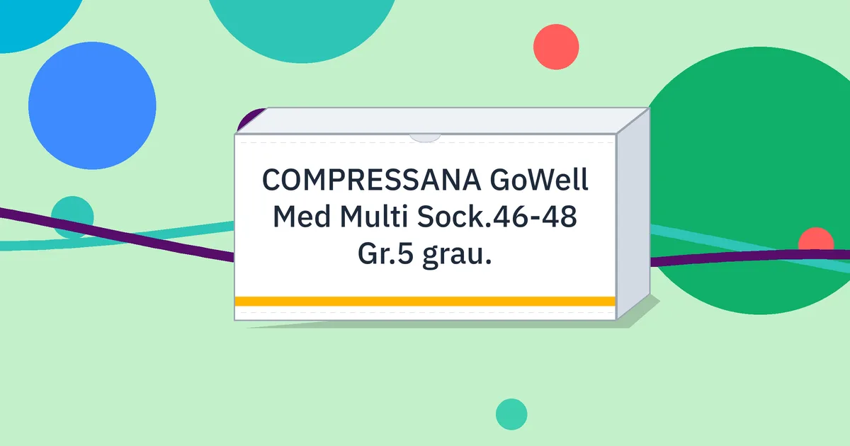 Symbolbild: Packung mit der Aufschrift COMPRESSANA GoWell Med Multi Sock.46-48 Gr.5 grau. (PZN 03116507) – Verfügbarkeit und Bezug in Apotheken in Frankfurt am Main