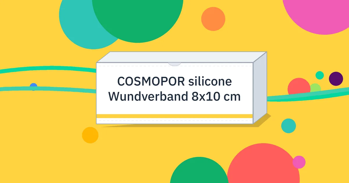 Symbolbild: Packung mit der Aufschrift COSMOPOR silicone Wundverband 8x10 cm (PZN 17417827) – Verfügbarkeit und Bezug in Apotheken in Frankfurt am Main