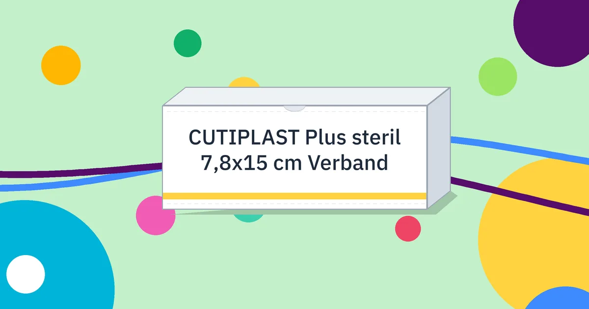 Symbolbild: Packung mit der Aufschrift CUTIPLAST Plus steril 7,8x15 cm Verband (PZN 10046121) – Verfügbarkeit und Bezug in Apotheken in Frankfurt am Main
