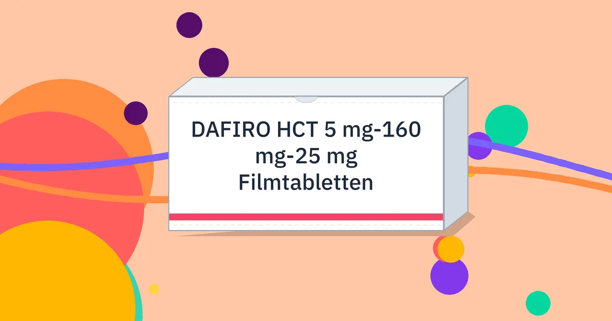 Symbolbild: Packung mit der Aufschrift DAFIRO HCT 5 mg-160 mg-25 mg Filmtabletten (PZN 11174803) – Verfügbarkeit und Bezug in Apotheken in Frankfurt am Main