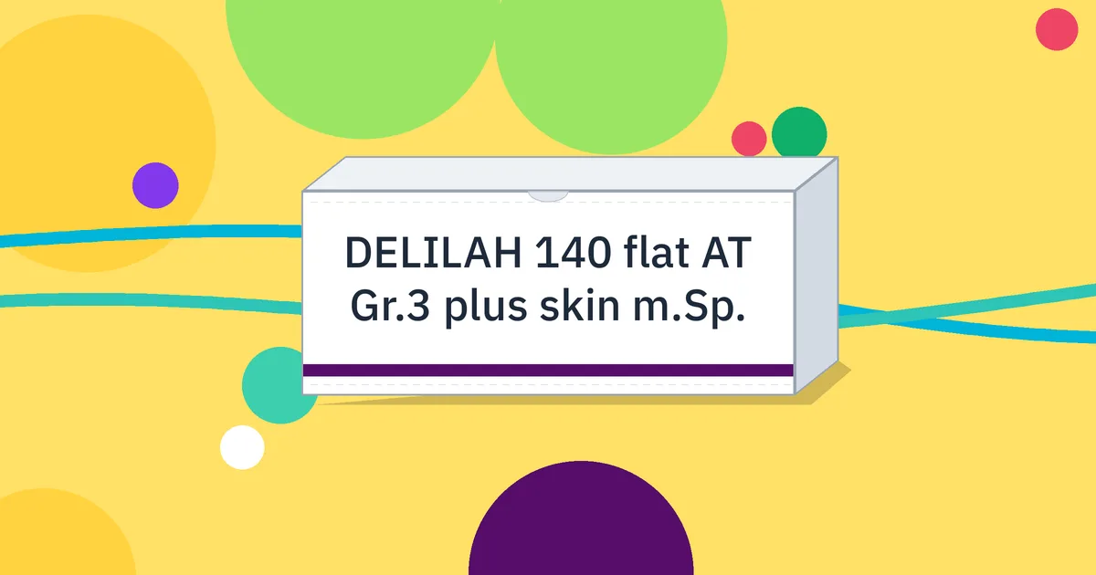 Symbolbild: Packung mit der Aufschrift DELILAH 140 flat AT Gr.3 plus skin m.Sp. (PZN 14248034) – Verfügbarkeit und Bezug in Apotheken in Frankfurt am Main