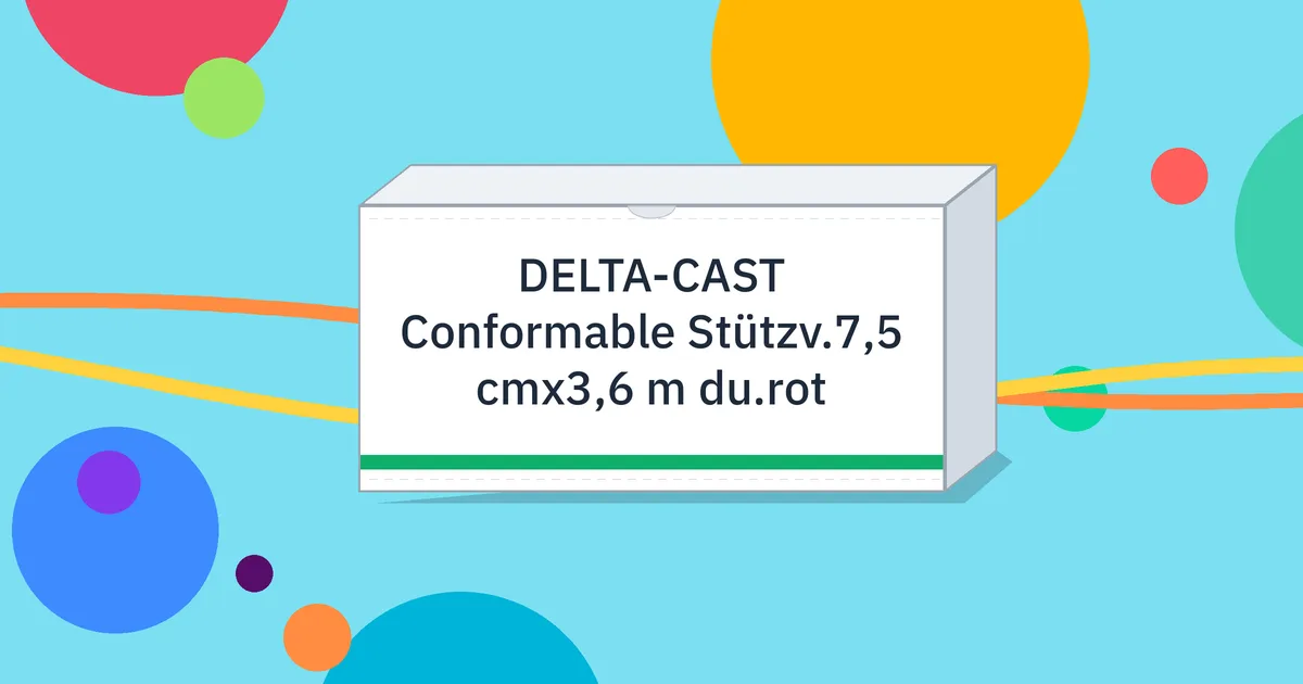 Symbolbild: Packung mit der Aufschrift DELTA-CAST Conformable Stützv.7,5 cmx3,6 m du.rot (PZN 01426497) – Verfügbarkeit und Bezug in Apotheken in Frankfurt am Main