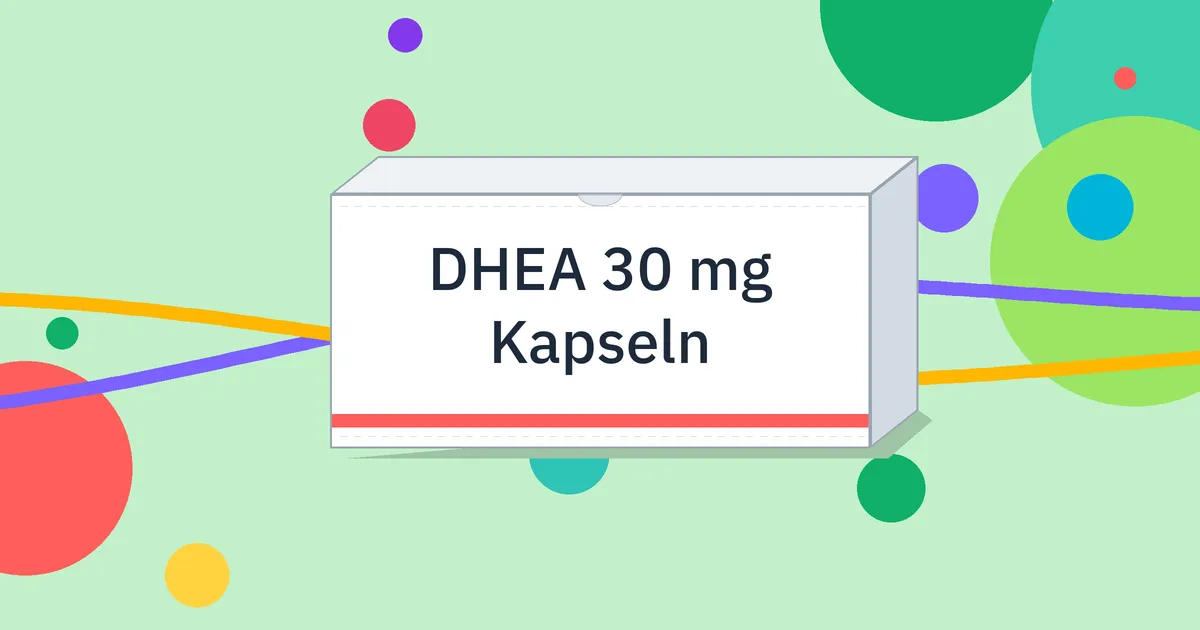 Symbolbild: Packung mit der Aufschrift DHEA 30 mg Kapseln (PZN 18718057) – Verfügbarkeit und Bezug in Apotheken in Frankfurt am Main