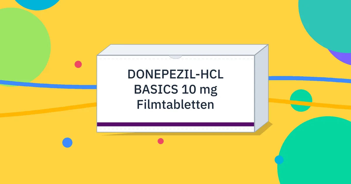 Symbolbild: Packung mit der Aufschrift DONEPEZIL-HCL BASICS 10 mg Filmtabletten (PZN 08845300) – Verfügbarkeit und Bezug in Apotheken in Frankfurt am Main