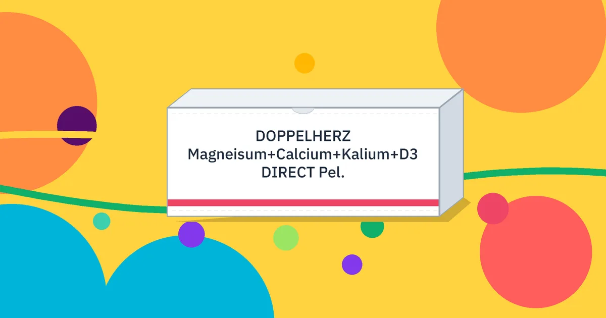 Symbolbild: Packung mit der Aufschrift DOPPELHERZ Magneisum+Calcium+Kalium+D3 DIRECT Pel. (PZN 19946168) – Verfügbarkeit und Bezug in Apotheken in Frankfurt am Main