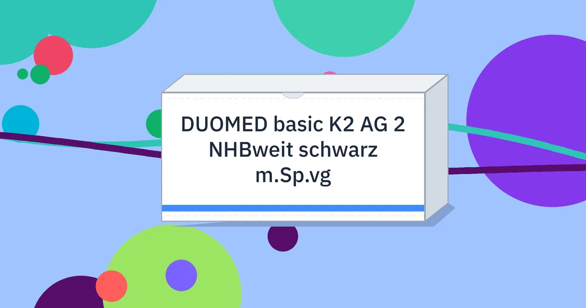 Symbolbild: Packung mit der Aufschrift DUOMED basic K2 AG 2 NHBweit schwarz m.Sp.vg (PZN 20909244) – Verfügbarkeit und Bezug in Apotheken in Frankfurt am Main