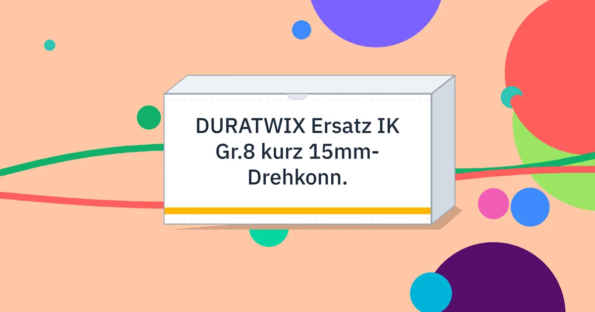 Symbolbild: Packung mit der Aufschrift DURATWIX Ersatz IK Gr.8 kurz 15mm-Drehkonn. (PZN 06976995) – Verfügbarkeit und Bezug in Apotheken in Frankfurt am Main